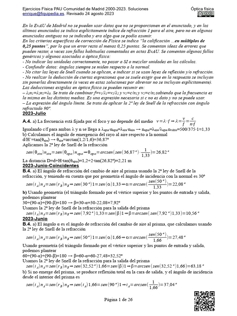 F5.1 PAU LuzOpticaFisica Soluc | PDF | Refracción | Índice de refracción