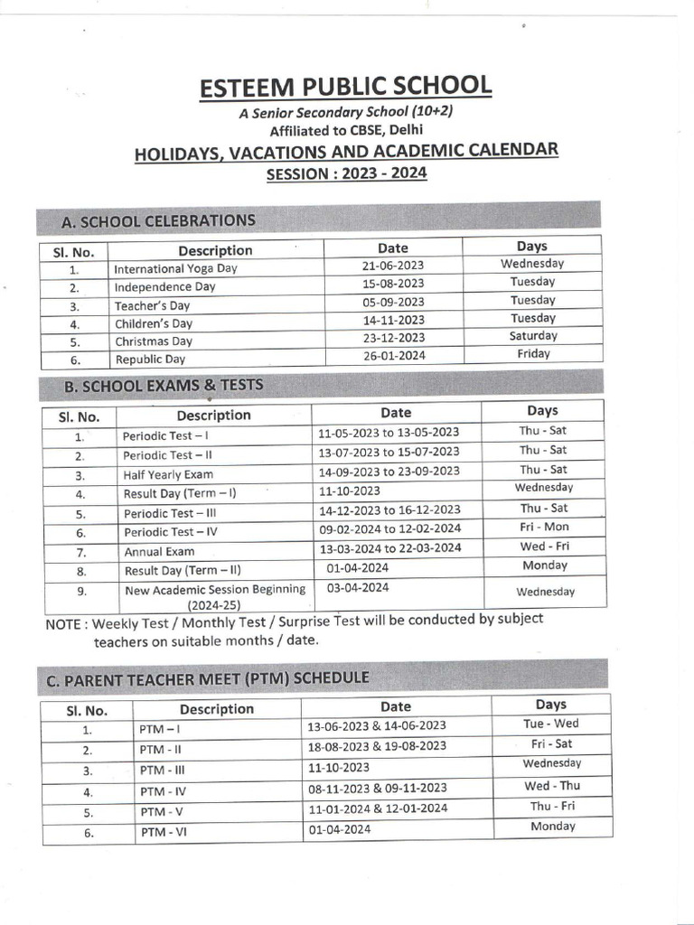 Annual Academic & Holidays Calendar (2023-24) | PDF