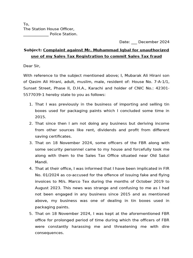 Complaint Mubarak Ali Hirani | PDF | Bail | Crimes