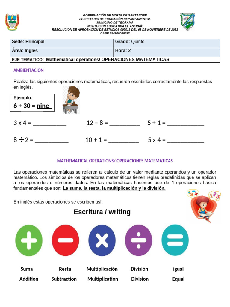 Operaciones Matemáticas en Inglés | PDF | Notación Matemática | Álgebra ...