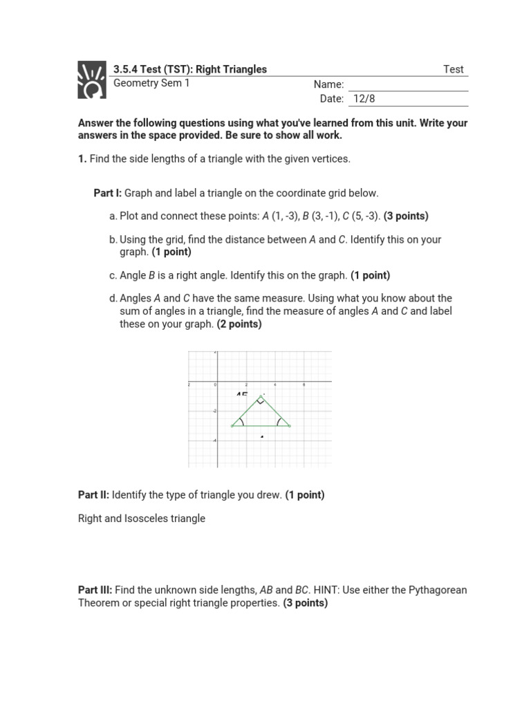 3.5.4 Test (TST) - Right Triangles (Test) | PDF | Triangle | Elementary ...
