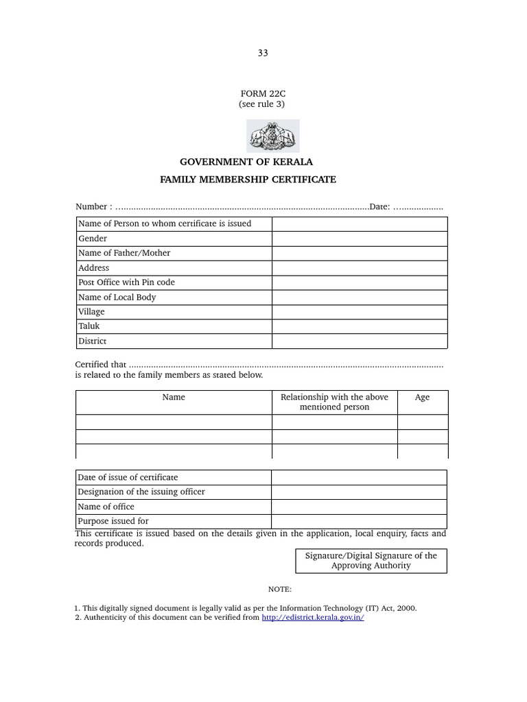 Kerala Family Membership Certificate | PDF