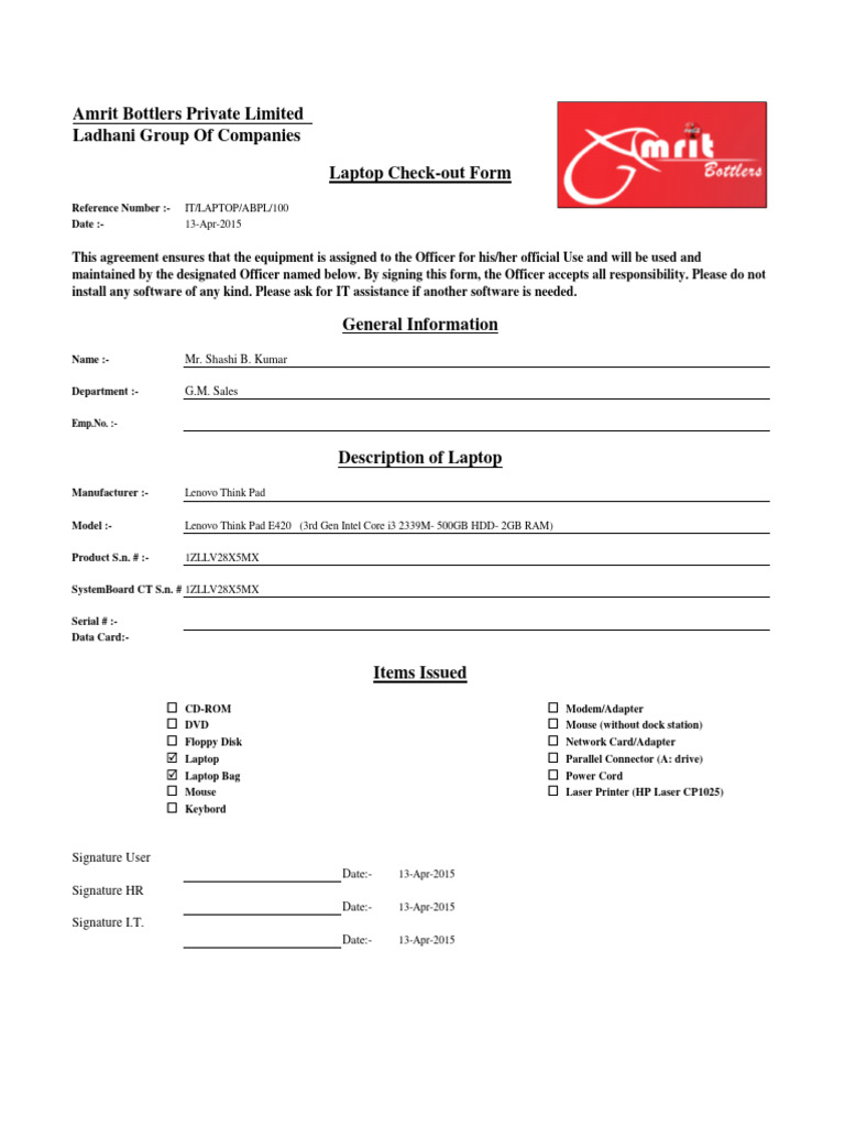Laptop Check-Out Form for Lenovo ThinkPad | PDF