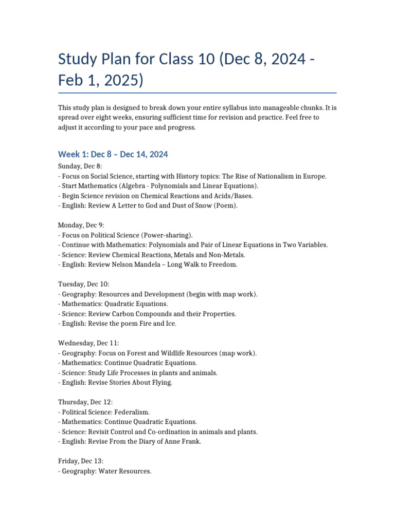 Complete_Study_Plan_Class_10_2024_2025 | PDF | Trigonometry | Equations