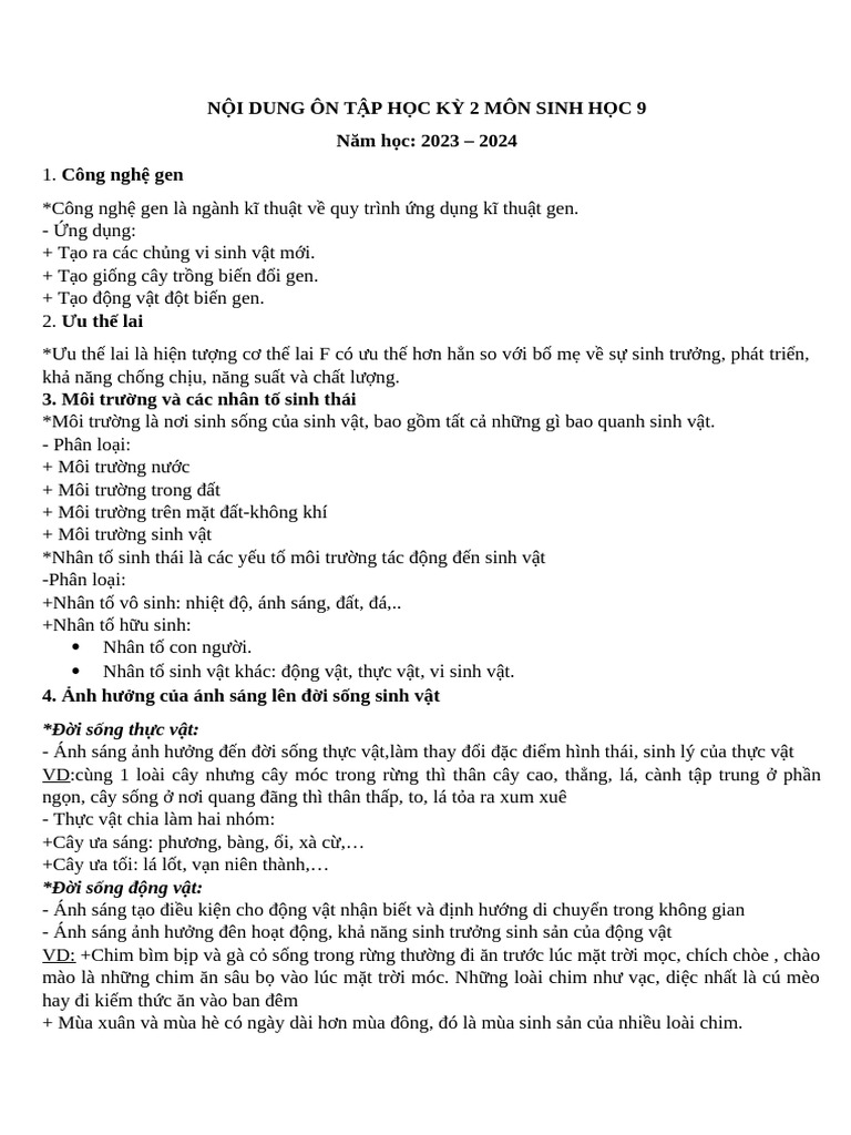 ND ÔN TẬP GHK2 MÔN SINH 9 (23-24) | PDF