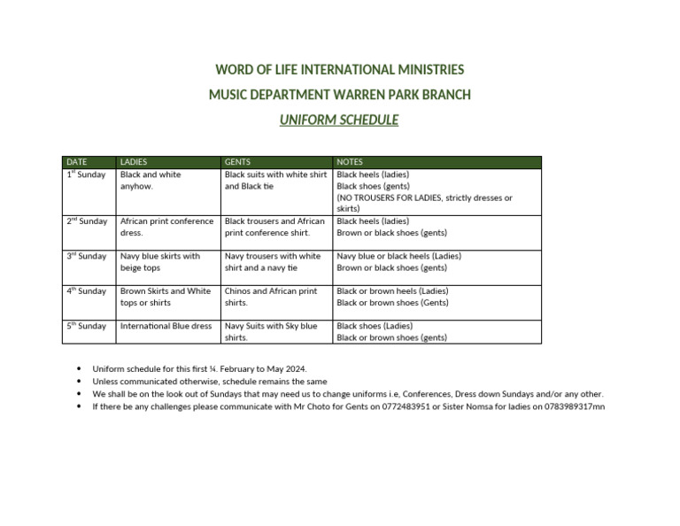 Music DPT Uniforms Schedule 2024 | PDF