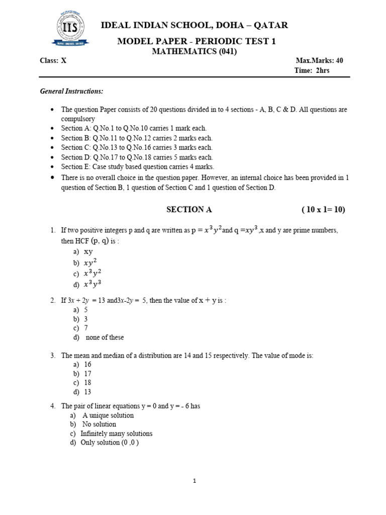 Class X Math Model Paper - Doha | PDF | Zero Of A Function | Numbers