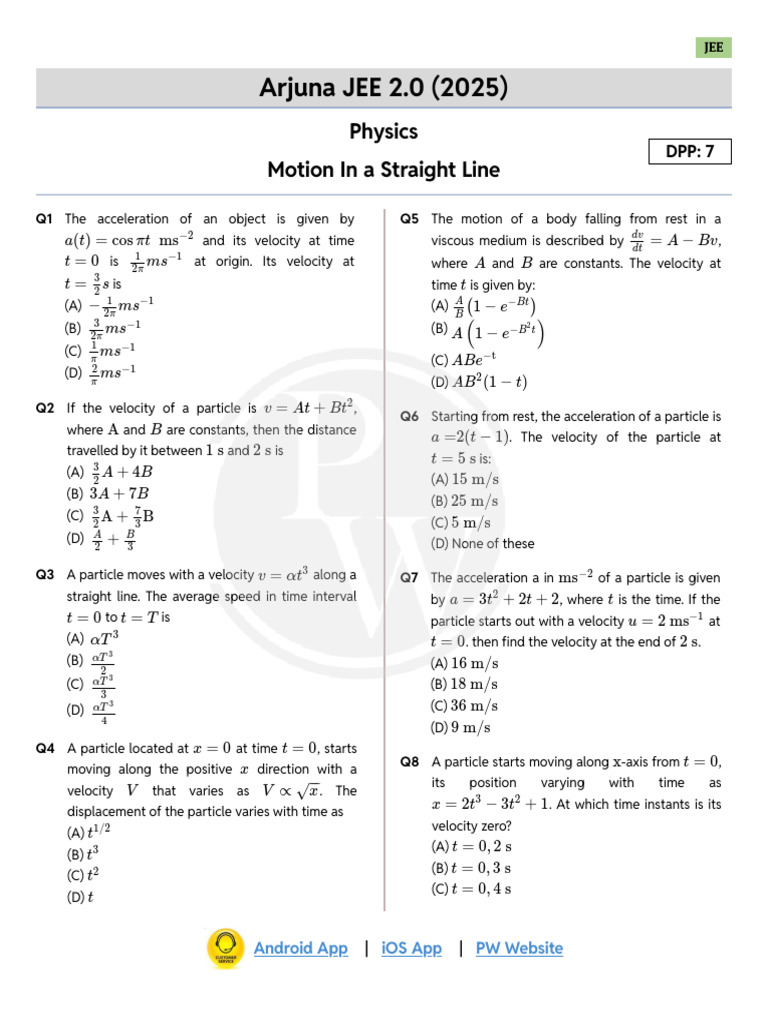 Motion in A Straight Line - DPP 07 (Extra DPP) - Arjuna JEE 2.0 2025 | PDF | Acceleration | Velocity