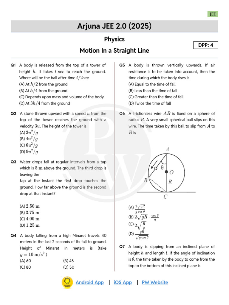 Motion in a Straight Line _ DPP 04 (Extra DPP) __ Arjuna JEE 2.0 2025 | PDF | Sphere | Physics