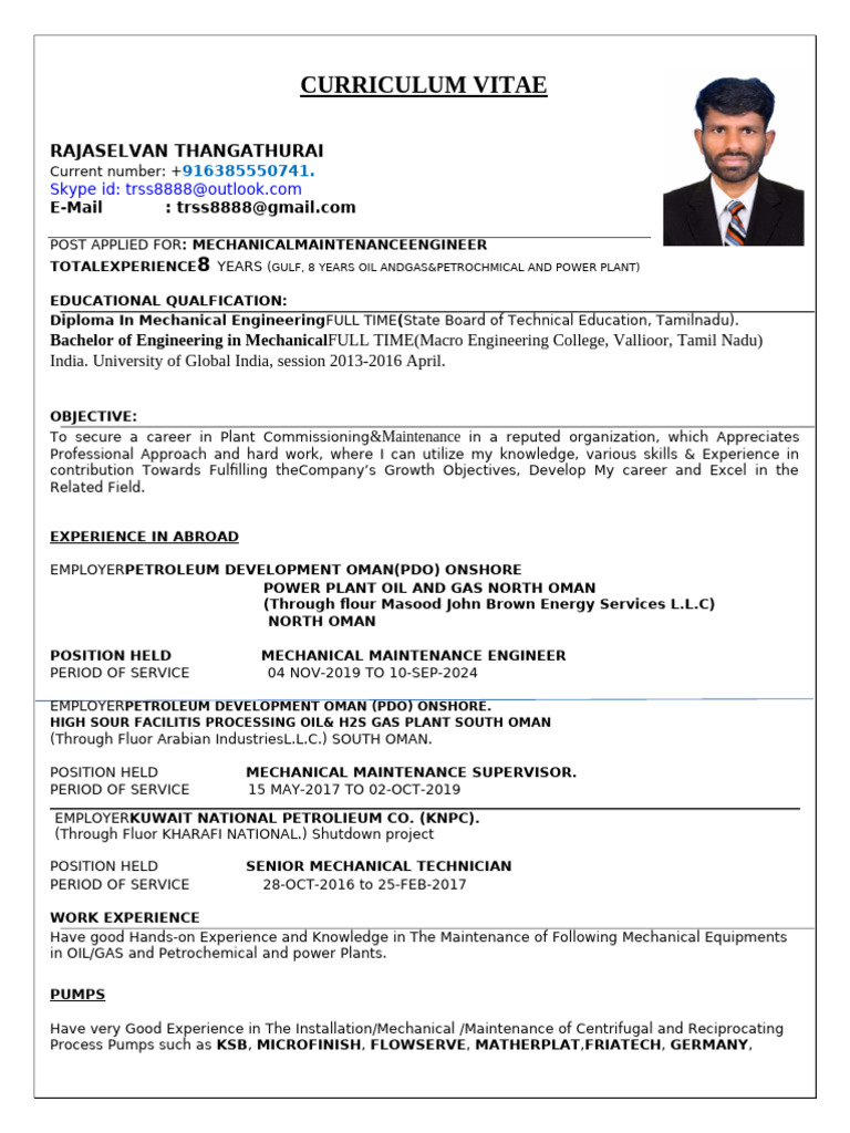 Mechanical Engineer's CV | PDF | Bearing (Mechanical) | Pump