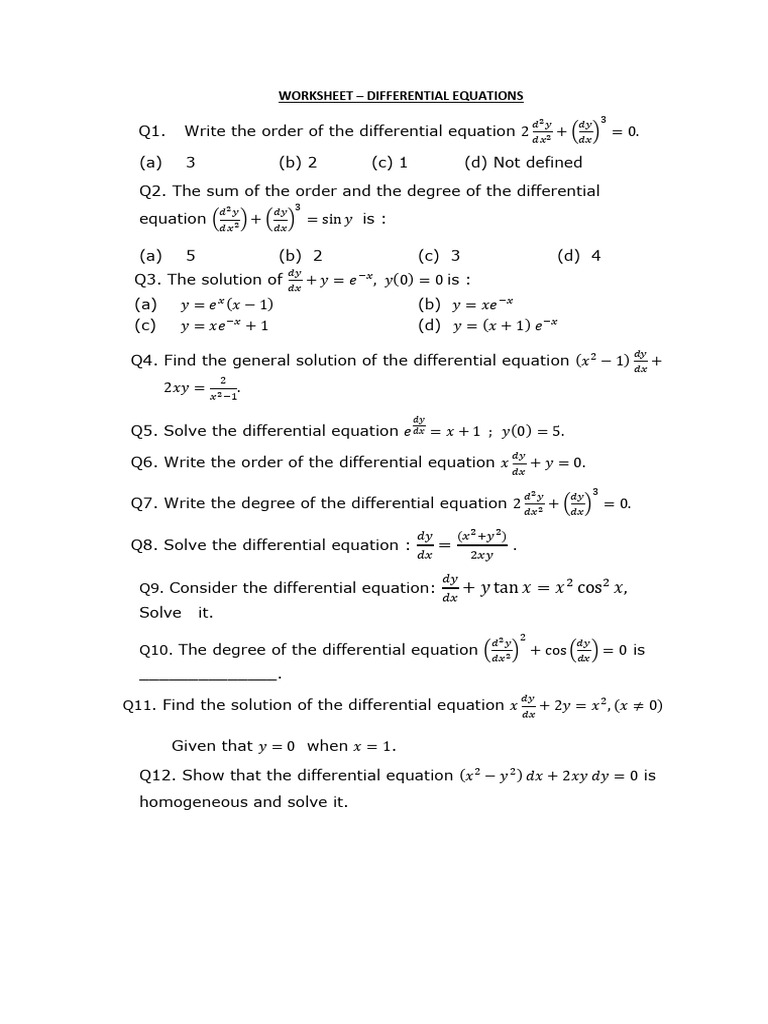 DIfferential Equations - Worksheet PT - 2 Based | PDF | Equations ...