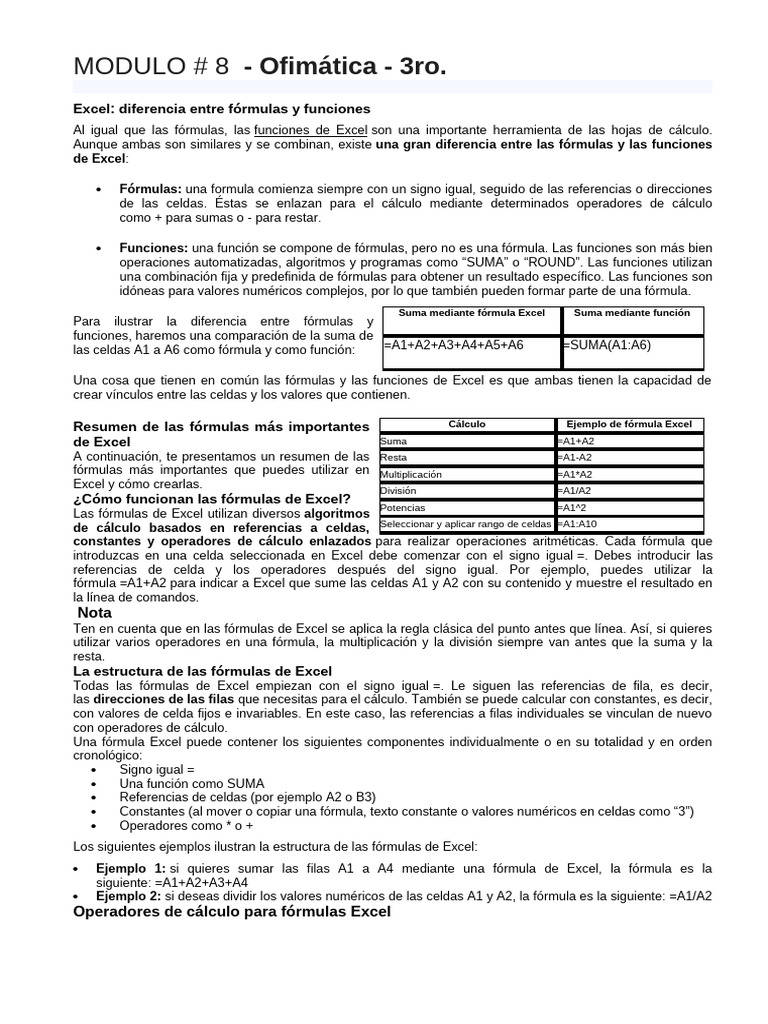 Modulo 8-Ofimatica 3ro. | PDF | Microsoft Excel | Matemáticas