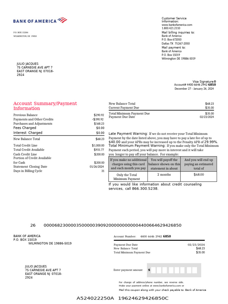 Bank of America Bank Statement | PDF | Credit Card | Annual Percentage Rate