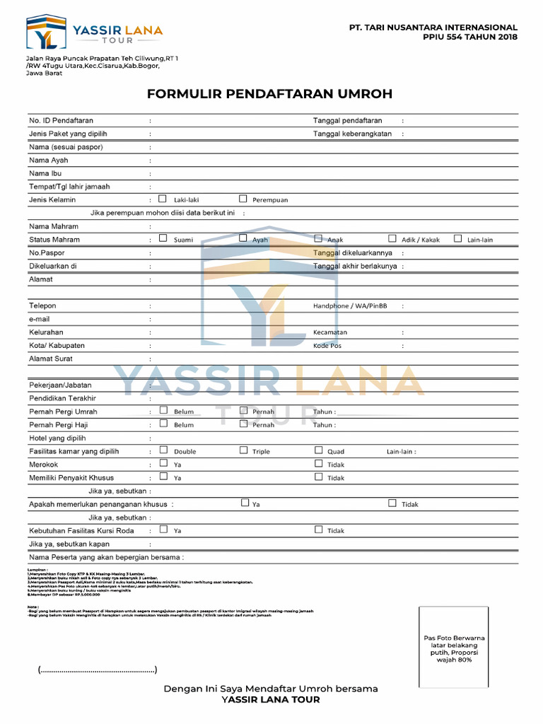 Pendaftaran Umroh Yassir Lana Tour | PDF