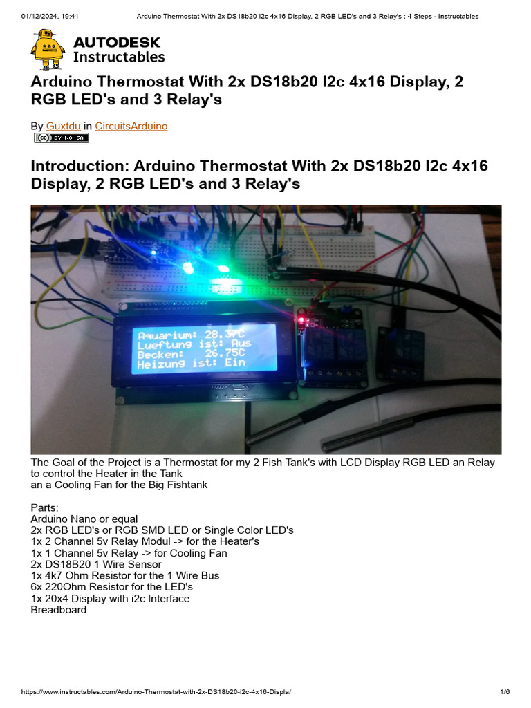 Arduino Thermostat With 2x DS18b20 I2c 4x16 Display, 2 RGB LED's and 3 ...