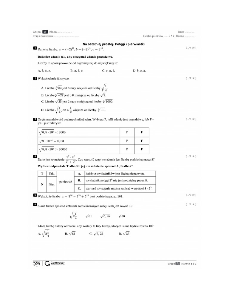 potegi i pierwiastki kartkowka | PDF