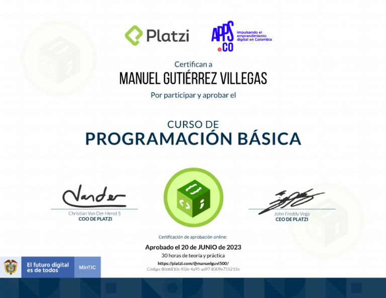 Certificado - Programación Básica APPSCO | PDF