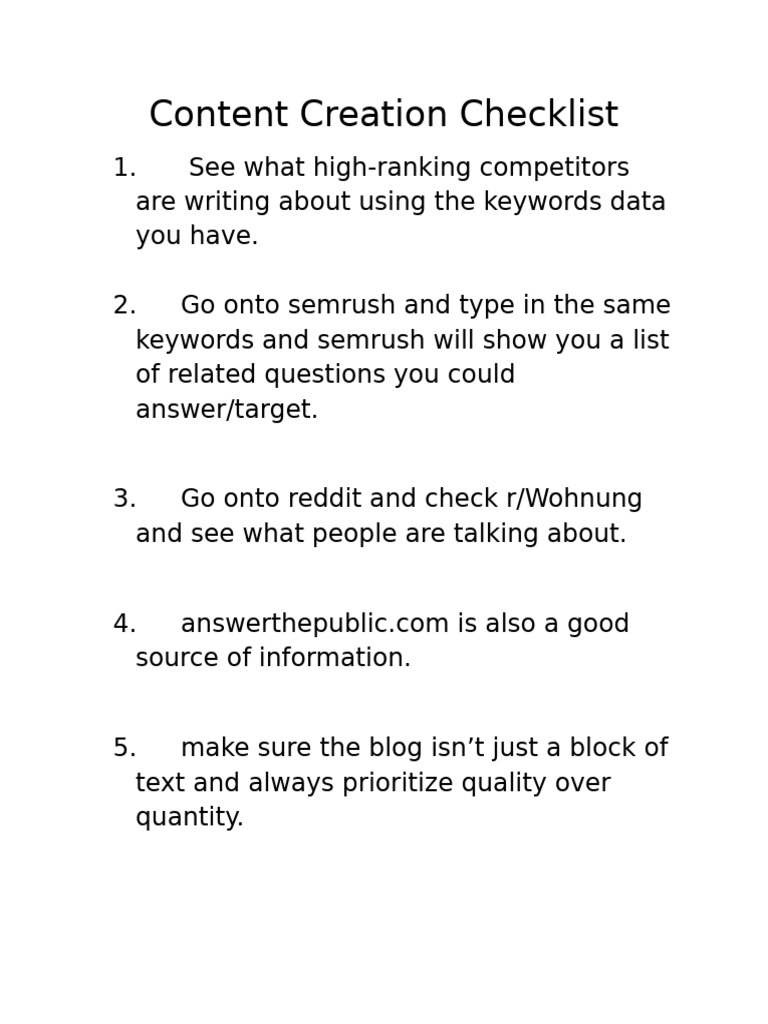 Content Creation Checklist SEO | PDF