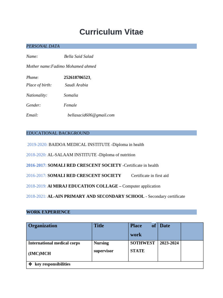 Bela Sacid Salaat CV (1) - 1 | PDF | Patient | Nursing