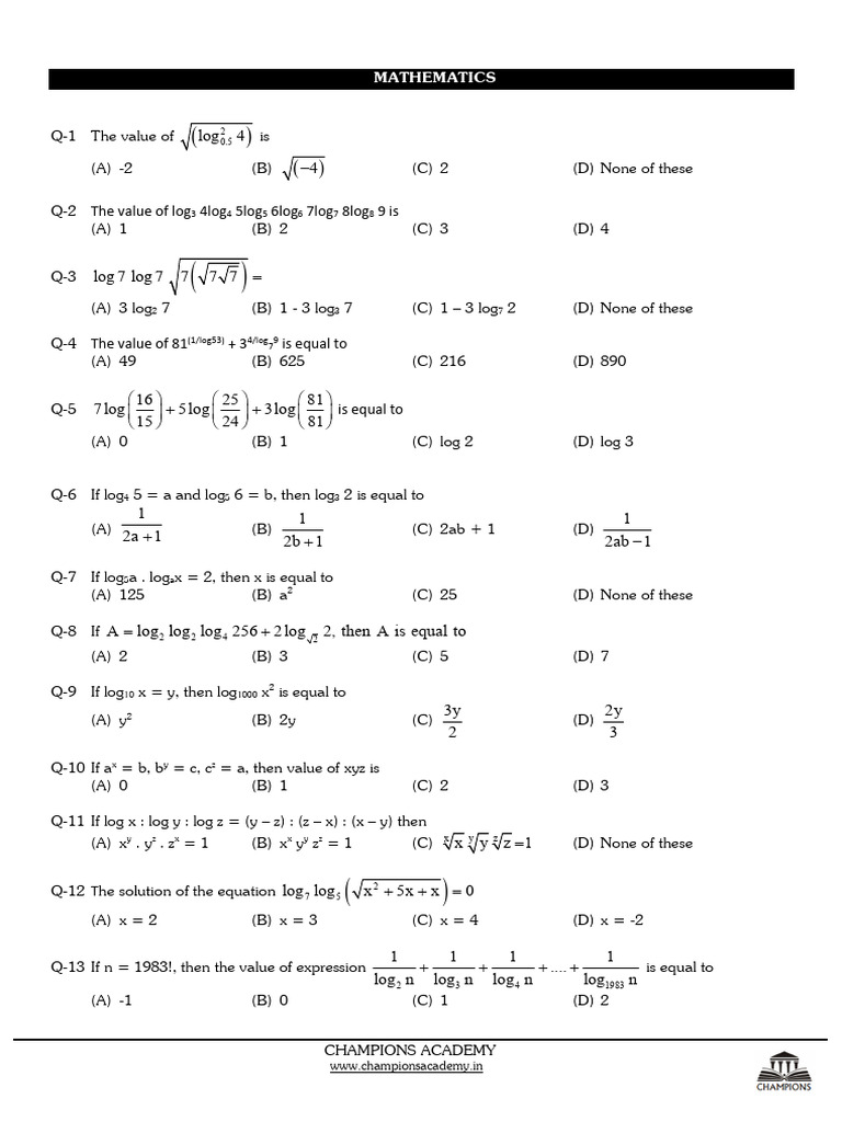 Mathematics Logarithm Questions & Answers | PDF | Logarithm ...