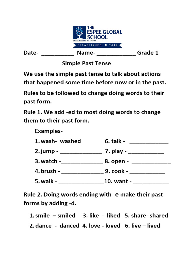 Simple Past Tense Worksheet 1. Grade 1 (1) (5) | PDF