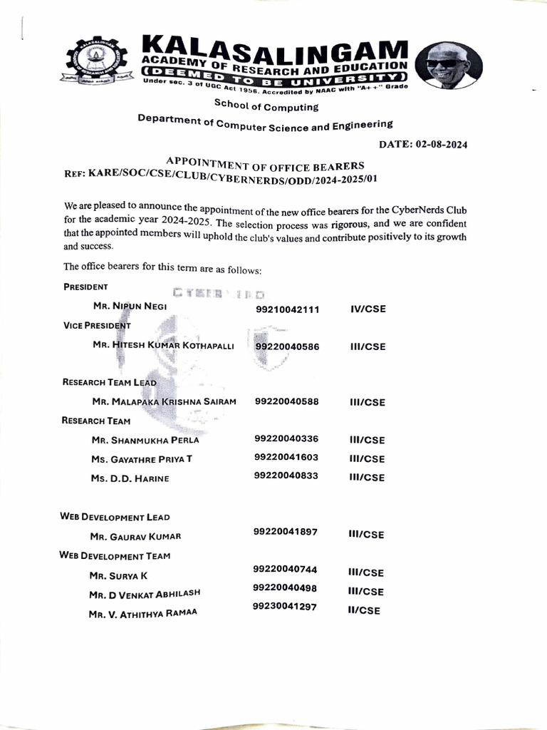 Cybernerds Office Bearers Name List | PDF
