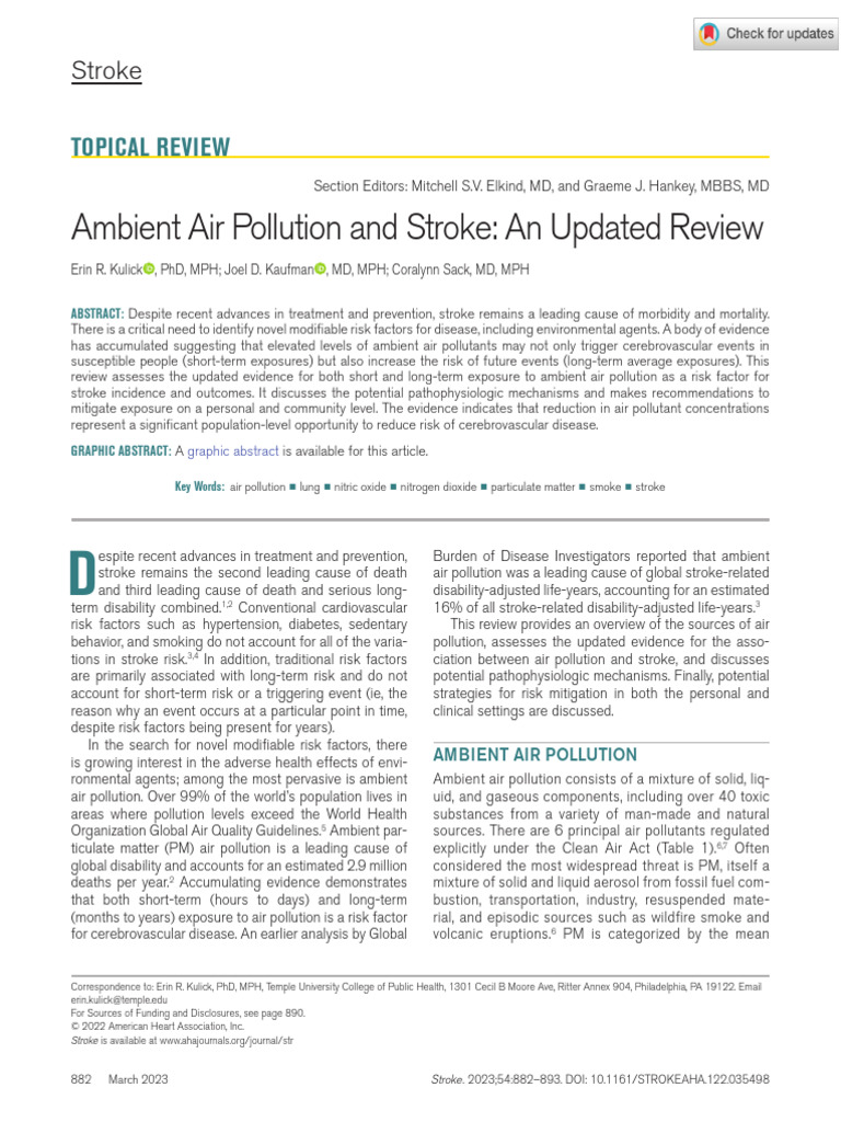 Kulick Et Al 2022 Ambient Air Pollution and Stroke An Updated Review ...