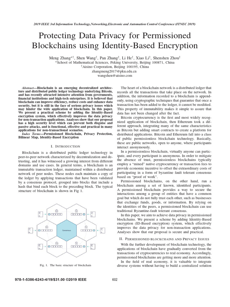 Protecting Data Privacy For Permission Blockchain Using Identity Based Encryption Pdf Public