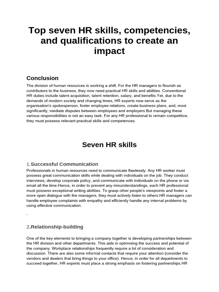 Top Seven HR Skills, Competencies, and Qualifications To Create An ...