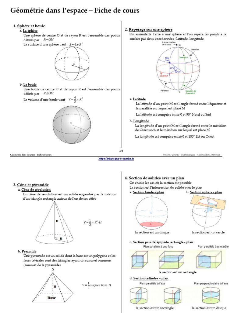 Fiche de révision : Géométrie dans l'espace | PDF | Sphère | Angle