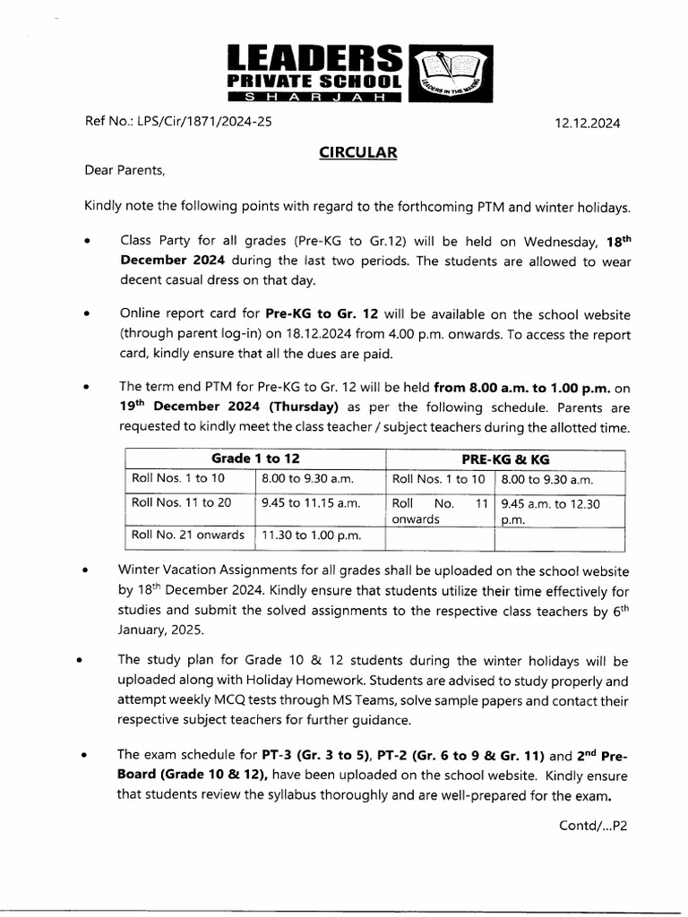 Circular_PTM_Winter Holidays | PDF
