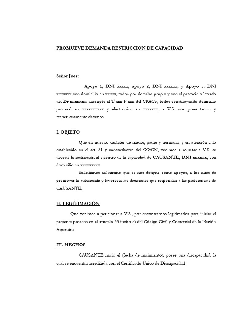 Modelo Demanda Determinacion de Capacidad | PDF | Invalidez | Caso de ley