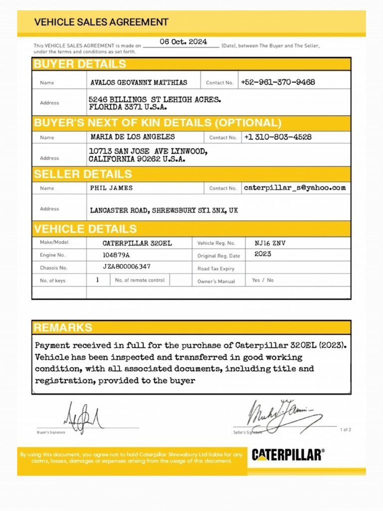 Caterpillar 320E L (Agreement & Receipt) | PDF