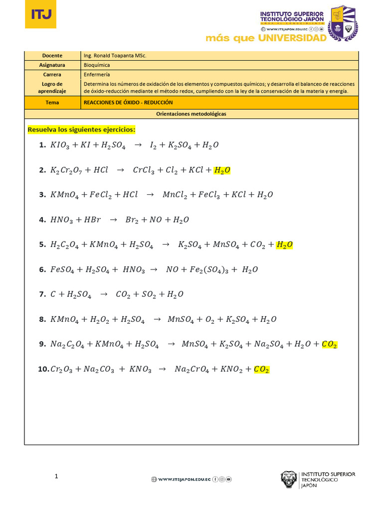 1 - Ejercicios Método Redox - Bioquímica | PDF