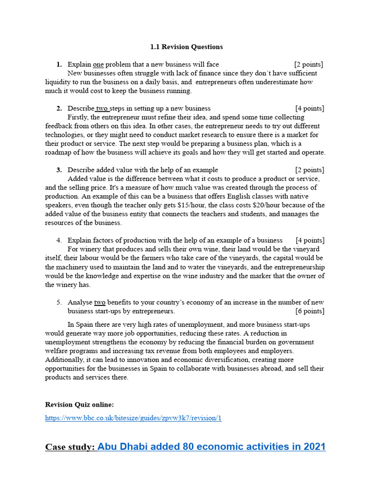 IB Business Management Practice Questions Unit 1 | PDF ...