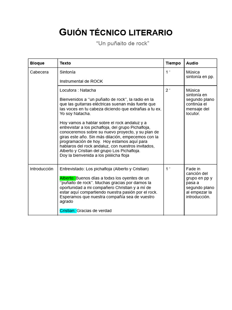 Guión Técnico Literario | PDF | Música grabada | Grabación de sonido