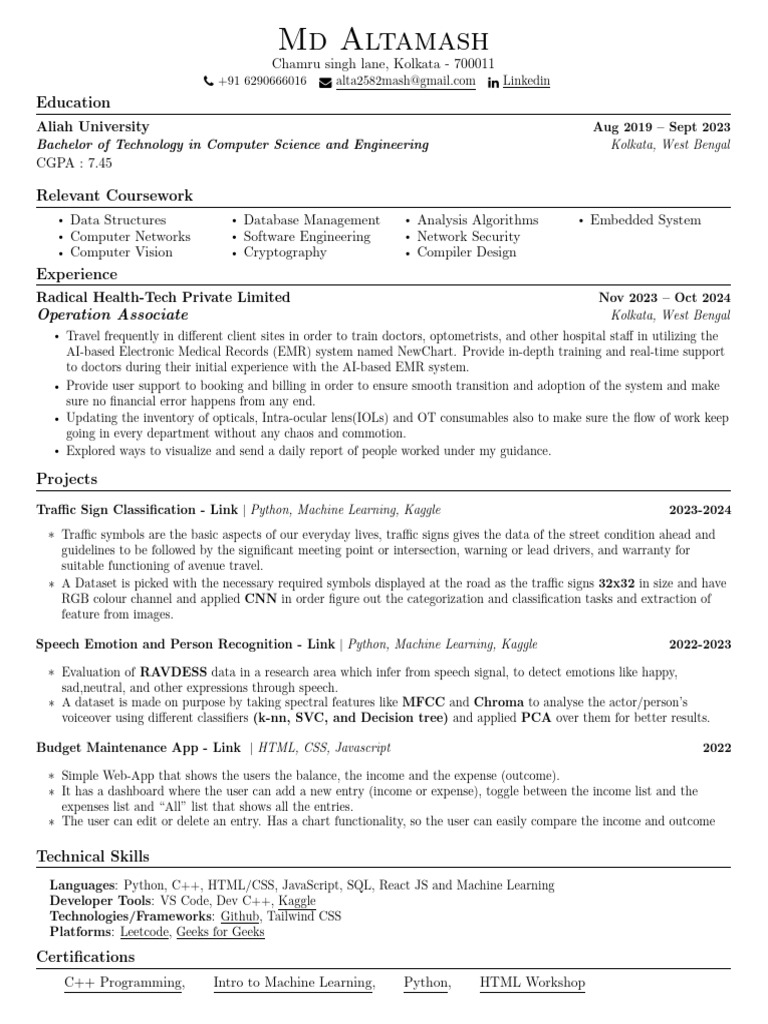 altamash_resume-1 | PDF | Machine Learning | Electronic Health Record