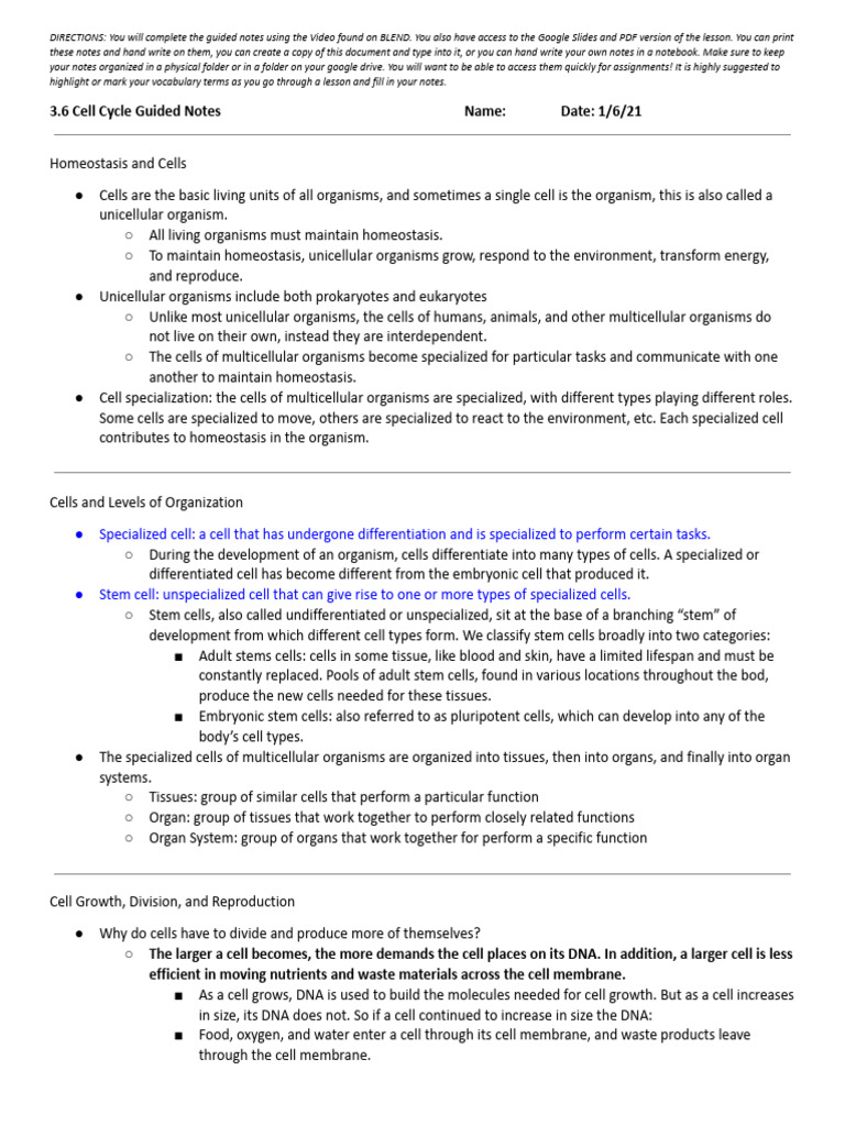 3.6 Cell Cycle Guided Notes | PDF | Mitosis | Sexual Reproduction