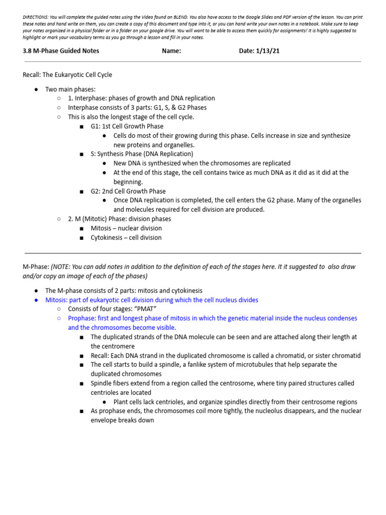 3.8 M-Phase Guided Notes | PDF | Mitosis | Chromosome