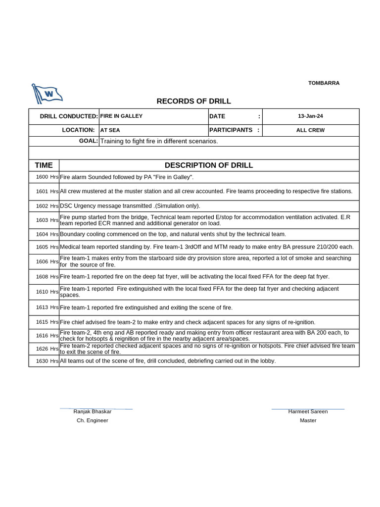 TORA 240113 Fire Drill in Galley | PDF