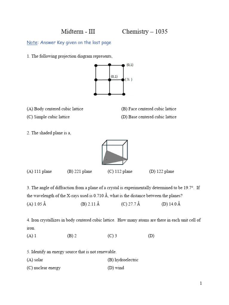 Chem-1035 Midterm-3 Answer Key | PDF | Crystal Structure | Materials