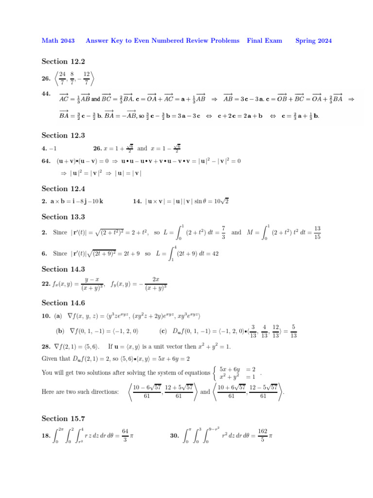 Math2043AnswerKeyFinal | PDF | Mathematical Physics