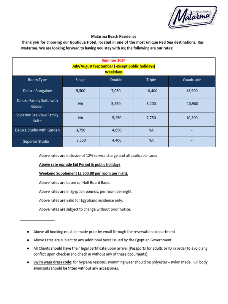 Summer Rates 2024 | PDF
