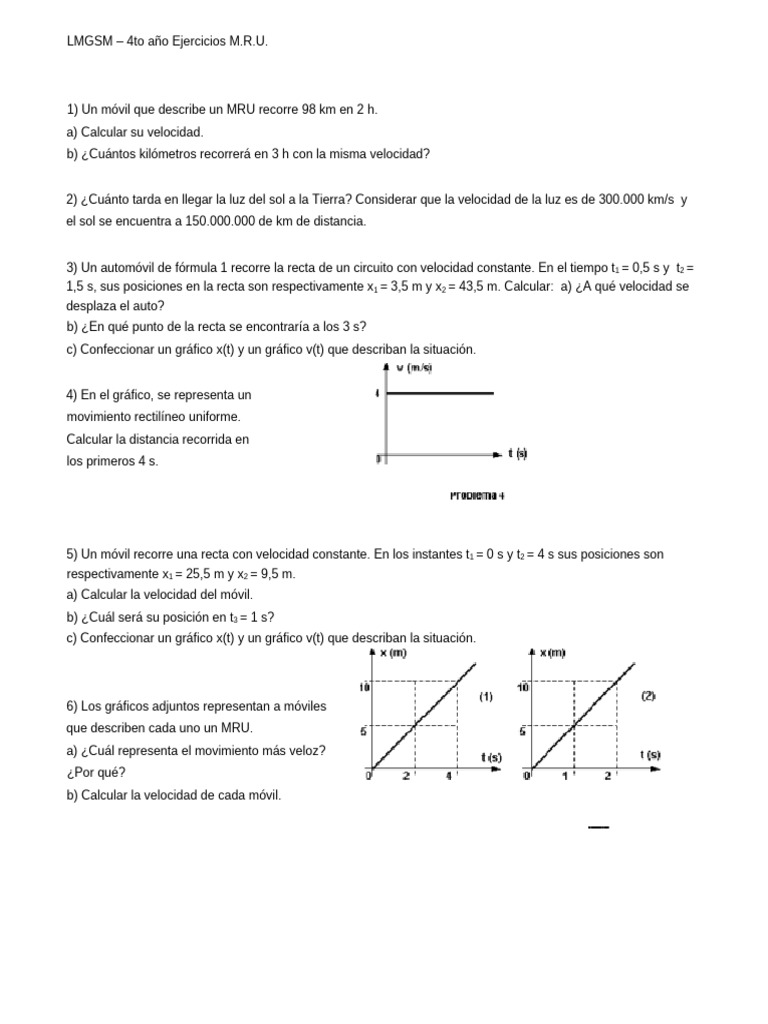 LMGSM 4to Año - Ejercicios MRU | PDF
