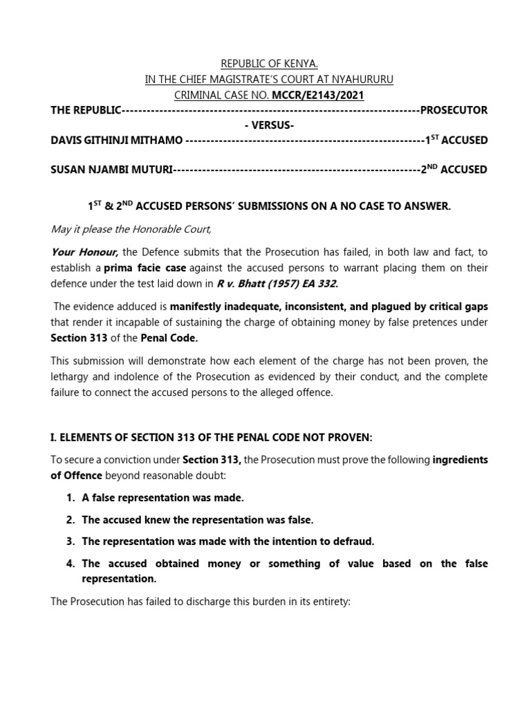 Nyahururu MCCR E2143 of 2021. Accused Persons Submissions On A No Case ...