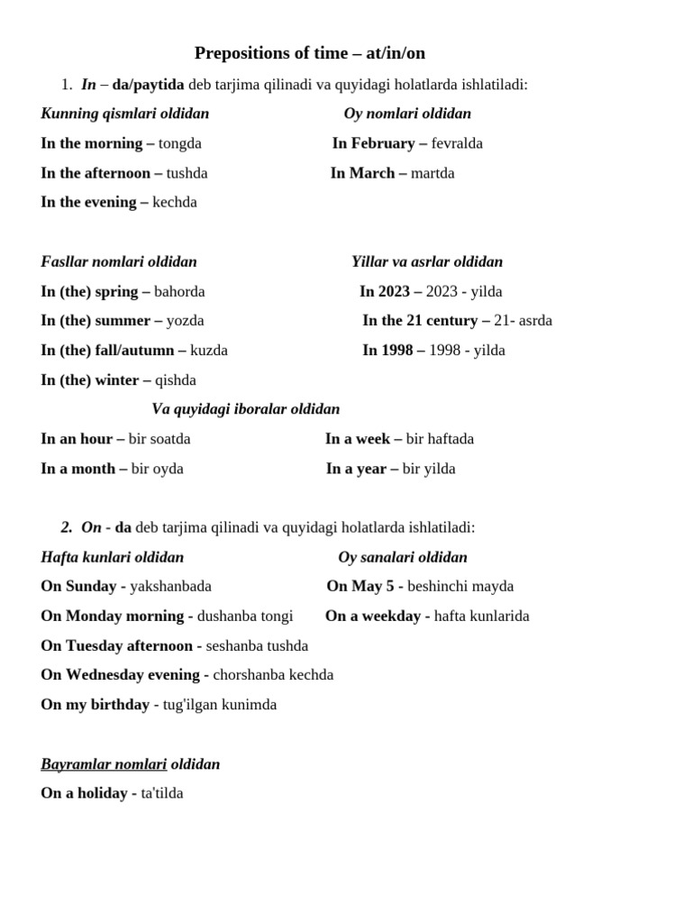 Prepositions of time | PDF | Workweek And Weekend