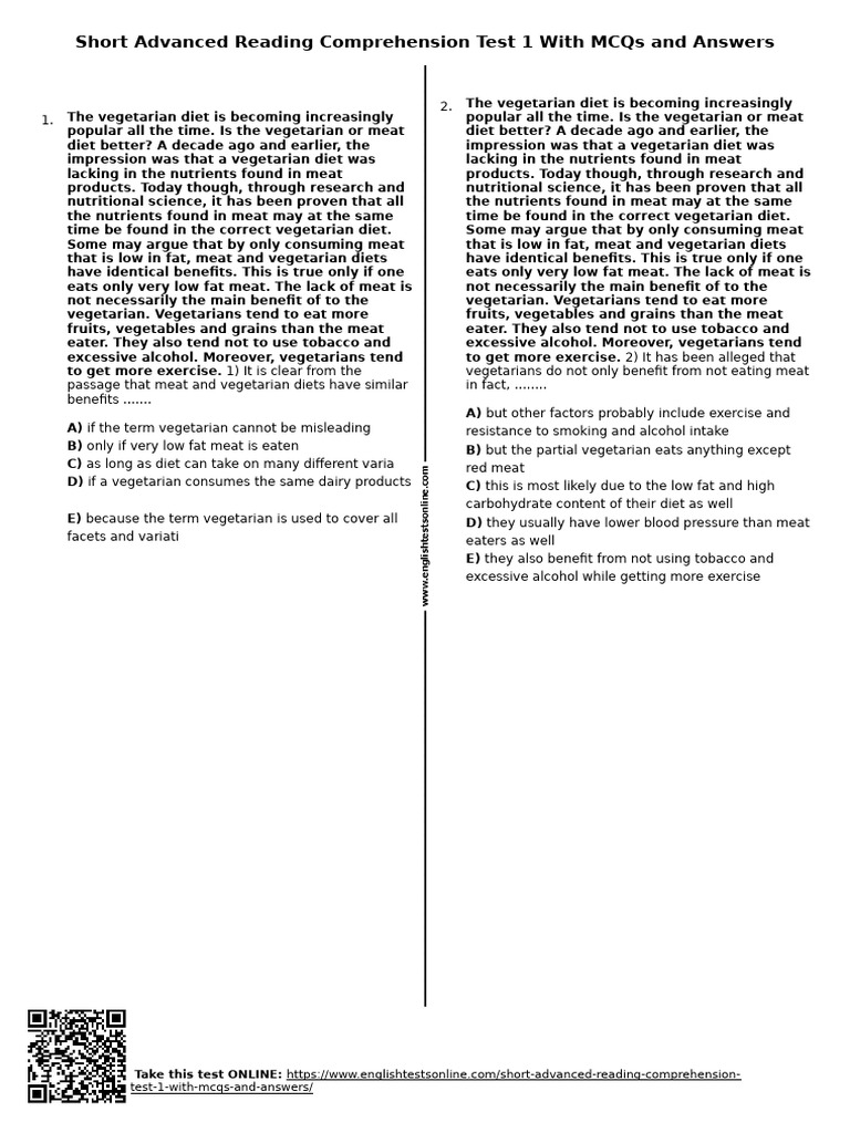 844 - Short Advanced Reading Comprehension Test 1 With Mcqs and Answers ...
