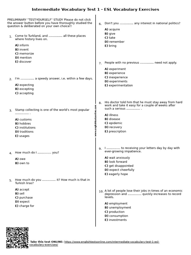 646 - Intermediate Vocabulary Test 1 Esl Vocabulary Exercises | PDF ...