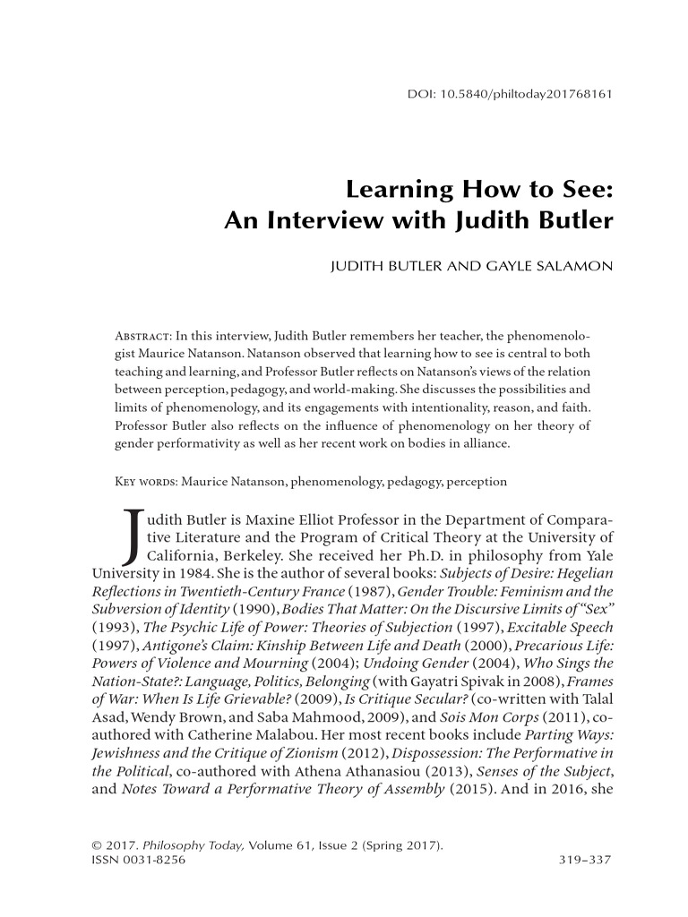 2017 Butler & Salamon Learning How To See An Interview With Judith ...
