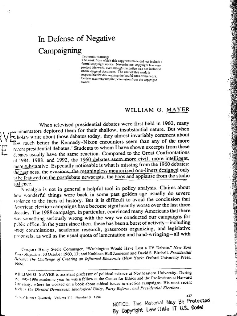 Mayer - in Defense of Negative Campaigning | PDF